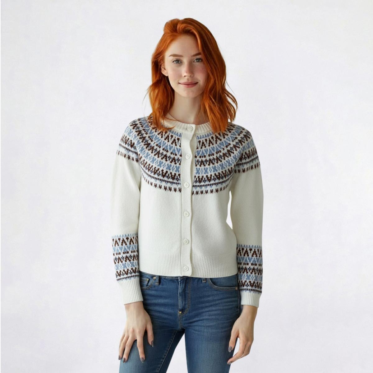 Click here for Juniors Madden Girl Fair Isle Button Front Crew Ne... prices